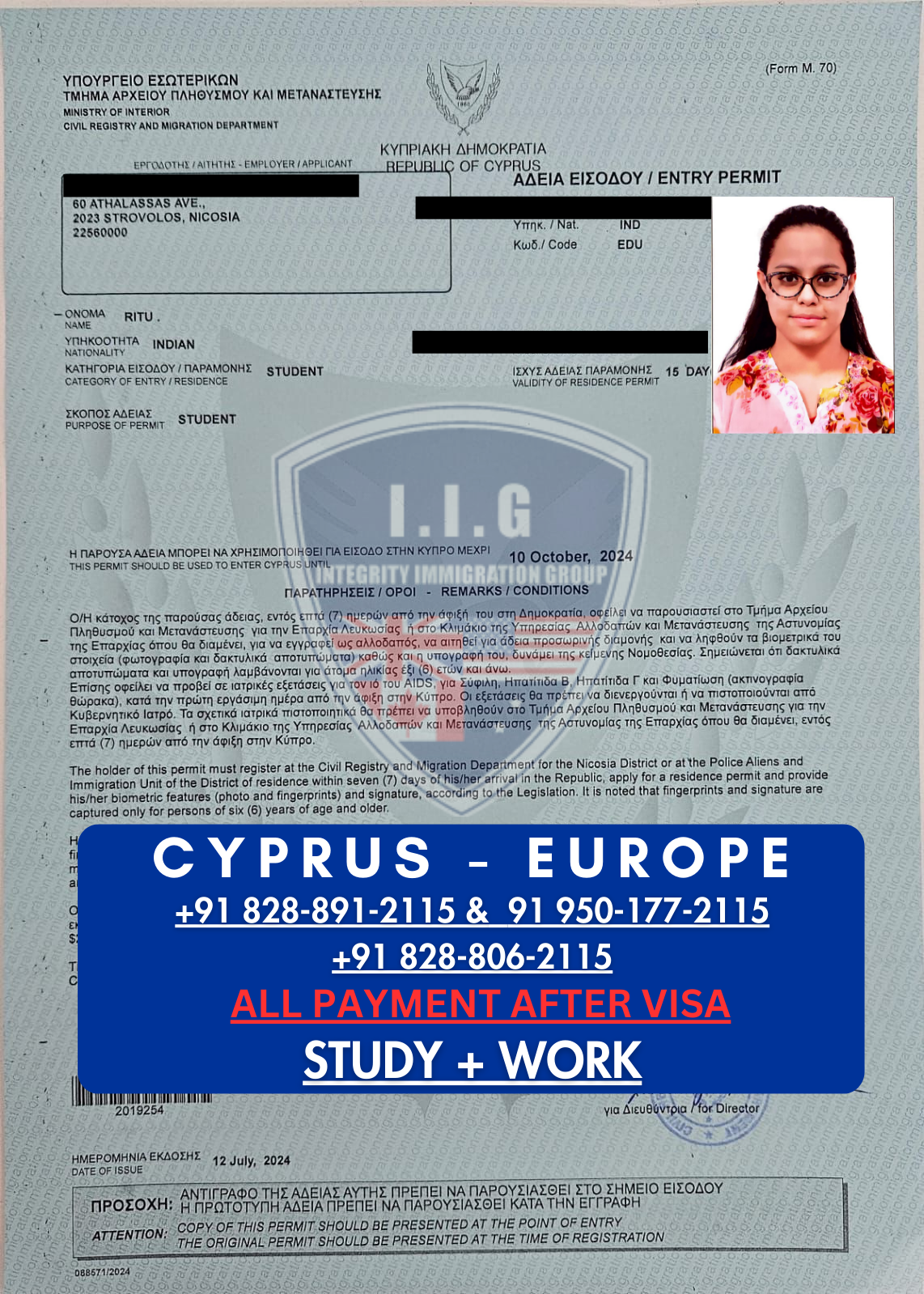 Cyprus Study + Work Visa - Ritu - 2024 - Integrity Immigration Group ...